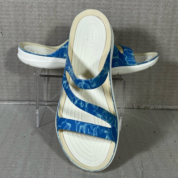 CROCS | Shoes | Crocs Swiftwater Blue Print Slide Sandals Womens 9 ...